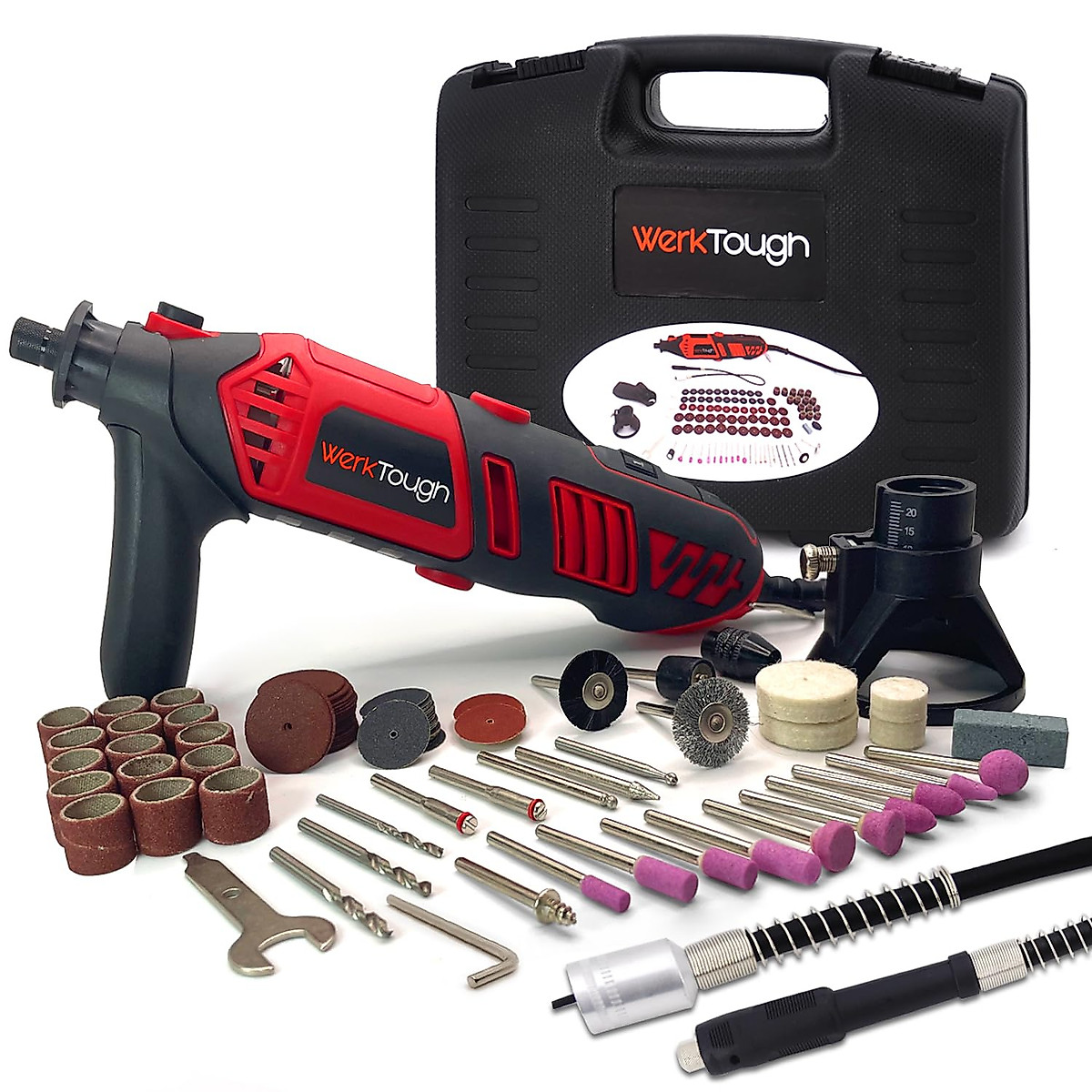 Werktough 170W Rotary Tool Kit High Power High Speed High Value Accessories 100pcs Including Universal Keyless Chuck Flexible Shaft and Cutting Guide and With Hanger Low Noise Low Vibration