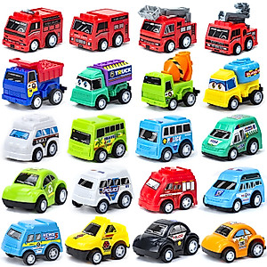 20 Pack Pull Back City Cars and Trucks Toy Vehicles for Toddlers 1-3 Mini Car Toys Fire Trucks & Construction Vehicles & Police Cars Play Set for Kids 3 4 5 6 7 Goodie Bag Stuffers Party Favors