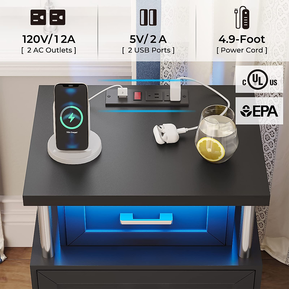 VIAGDO Black Nightstand Set of 2, LED Night Stand Set 2 with Charging Station, Modern Nightstand with 3 Drawers, Vintage Bedside Tables, End Side Table with Storage for Bedroom, Office