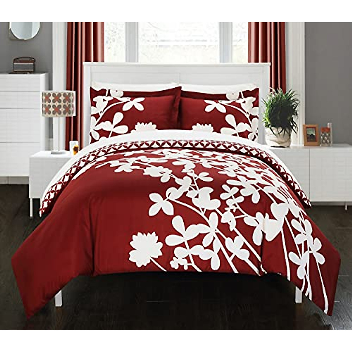 Chic Home 3 Piece Calla Lily Reverse Duvet Cover Set Queen Red