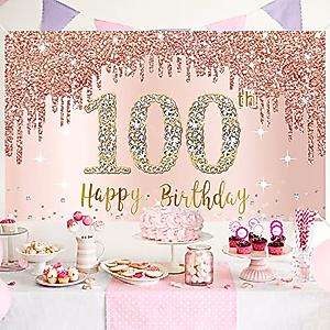 Happy 100th Birthday Banner Backdrop Decorations for Women, Rose Gold 100 Birthday Party Sign Supplies, Pink 100 Year Old Birthday Poster Background Photo Booth Props Decor