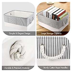 ANMINY 3PCS Storage Baskets Set Large Foldable Canvas Stripe Storage Bin Box with Cotton Rope Handles Decorative Plush Toys Clothes Towel Laundry Shelf Organizer Containers - Small, Dark Gray