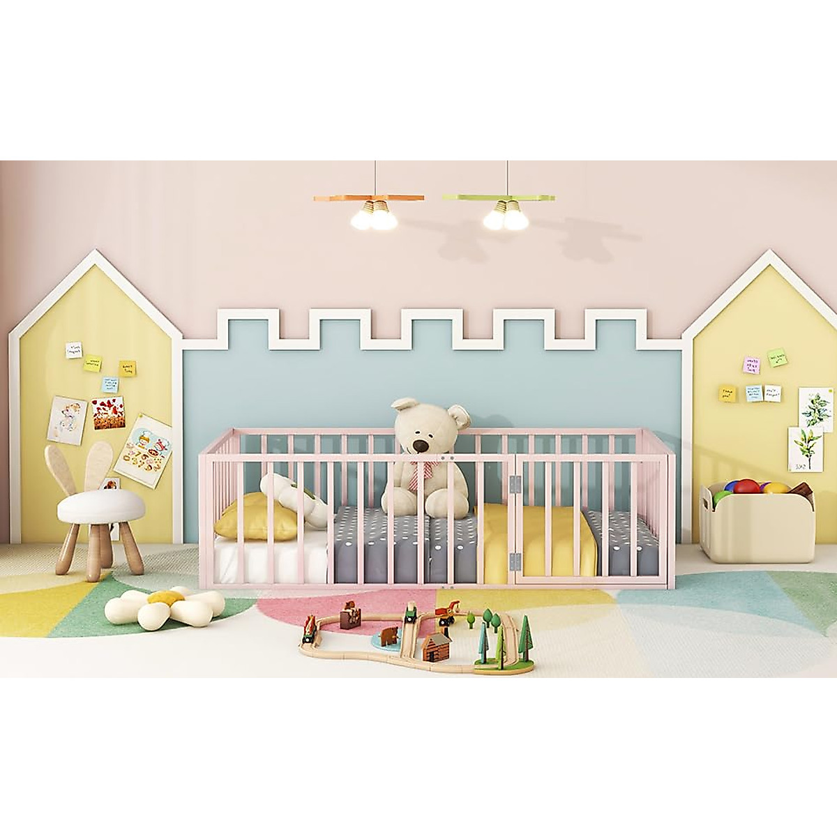 DNYN Full Size Metal Floor Bed Frame with Door for Kids Bedroom,Metal Struture Bedframe w/Fence,No Box Spring Needed,77" x 56.1"x 21.7"H, Pink