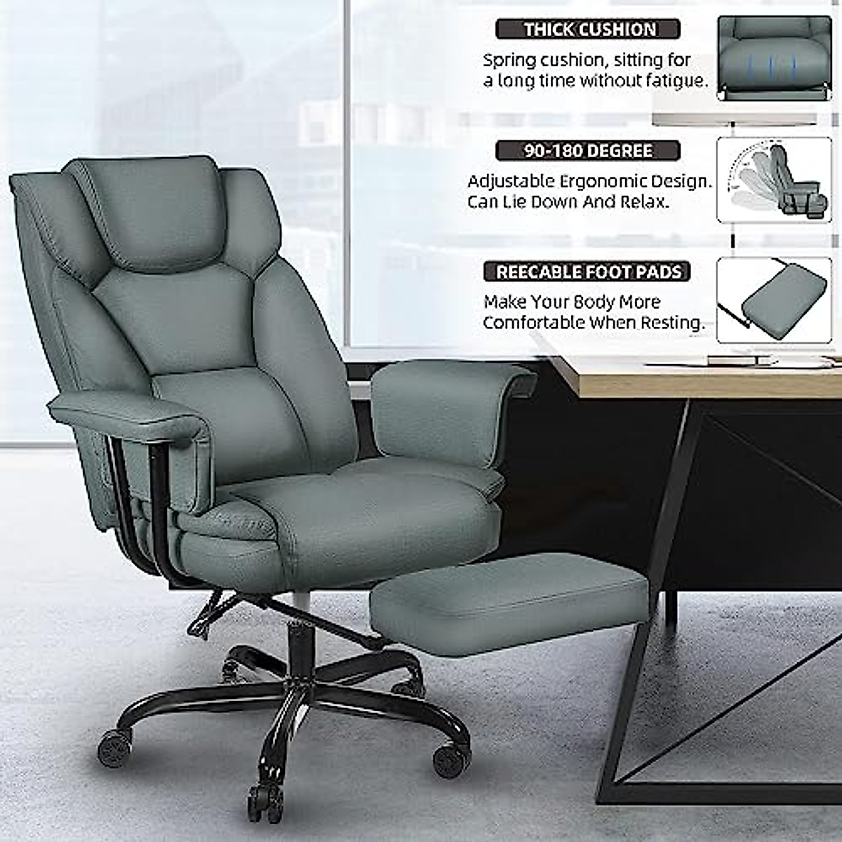 Toszn Reclining Executive Office Chair with Footrest, High Back Big and Tall Office Chair 400lbs Wide Seat 180° Backrest, Ergonomic Leather Managerial Desk Office Chair for Heavy People, Grey Green