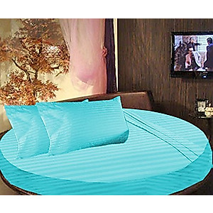 White House Linen Ultra-Soft Luxury 600 Tc Egyptian Cotton 3pc Round Bed Sheet Set Turquoise Stripe 76" Diameter + Standard Size15 Inches Deep Pocket