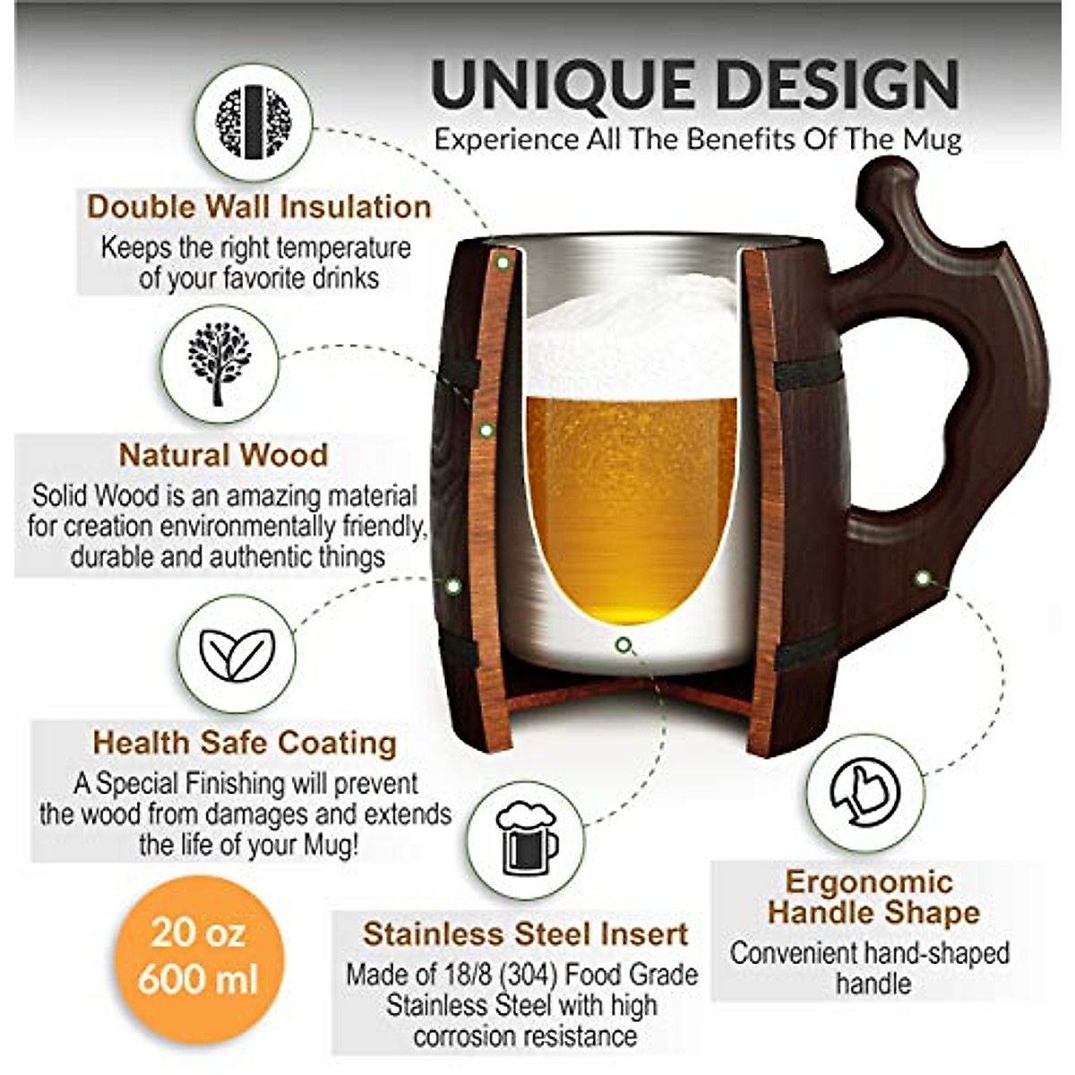 MyFancyCraft Handmade Beer - Mug Oak - Wood Dark Natural - Eco-Friendly Wooden Tankard Gift Barrel - Cup