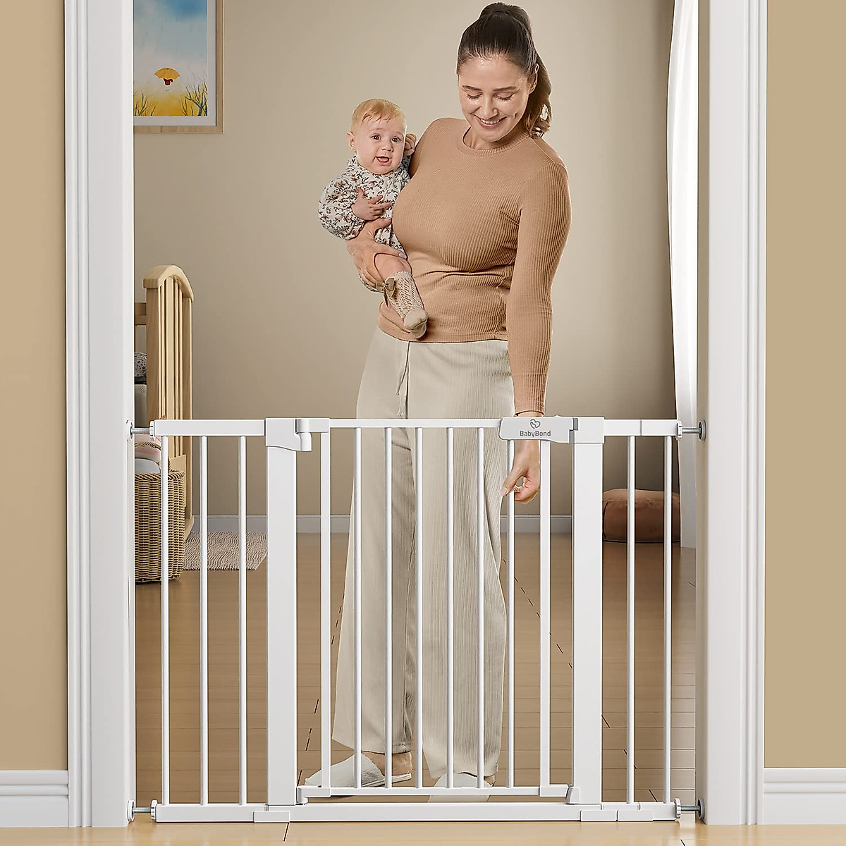 BabyBond 27-43" Easy Install Baby Gate for Stairs, Extra Wide Baby Gates for Doorway, Auto Close Safety Dog Gate, with Extenders and Pressure/Hardware Mounting Kit, White