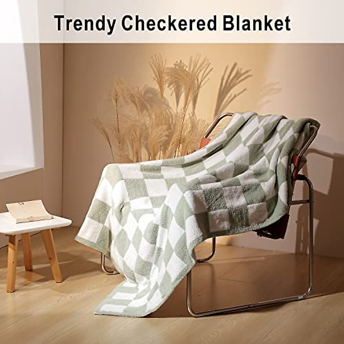 Chic Throw Blankets with Checkerboard Plaid- Stretchy Fluffy Cozy Blanket Trendy Checkered Gingham Decor for Couch, Bed, Sofa(Throw Size 51"x 63", Sage Green)