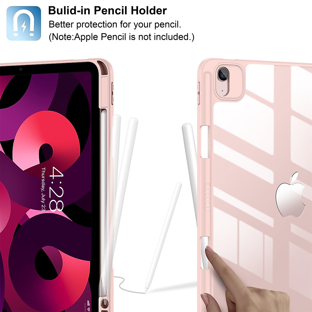 Supveco for iPad Air 5th/4th generation Case 2022/2020 with Pencil Holder,[Support Auto Sleep/Wake],Transparent Back and TPU Shockproof Frame Cover for iPad Air 10.9 inch/iPad pro 11 inch-Rose Gold