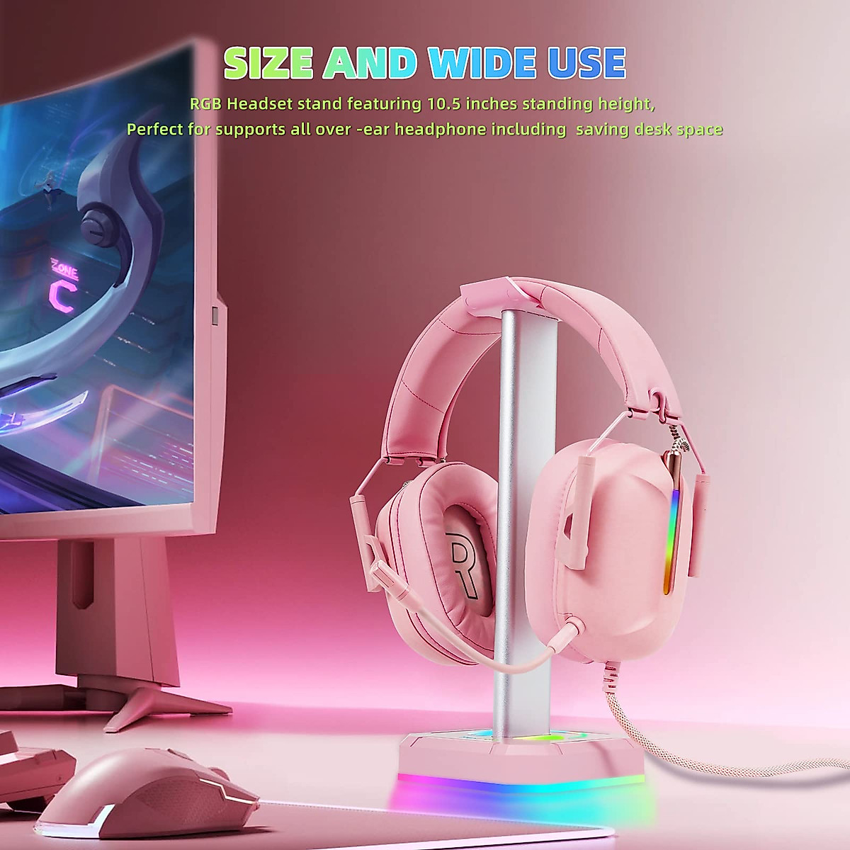 TuparGo Pink Headphone Stand Gaming Headset Holder with Rolling Caption RGB Light for ‎Kraken Headset,Aluminum Alloy Connecting Rod and Non-Slip Rubber Base,Designed for Pink Gaming Headsets