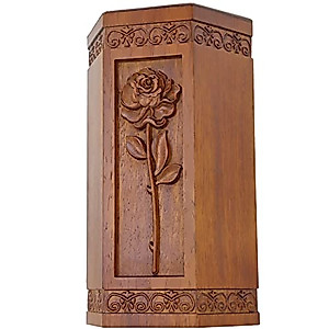 DABEETU Urns for Wooden, Cremation Urn for Human Ashes Adult - Hand Engraving Rose Flower - Funeral Urn for Mother/Dad - Display Burial at Home or in Niche at Columbarium (Large Wood Decorative Urn