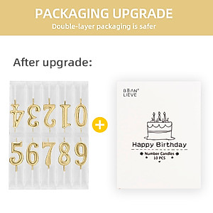 Beanlieve 10-Pieces Numeral Birthday Candles - Cake Numeric Candles Number 0 1 2 3 4 5 6 7 8 9,Used for Cake Decoration on Birthday Parties and Wedding Anniversary Celebrations(Champagne Gold)