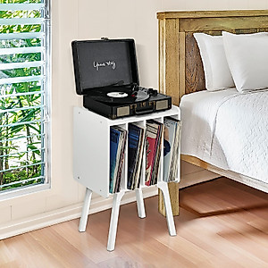 LELELINKY Small Record Player Stand - Width 11.7 In, White Vinyl Record Storage Table with 4 Cabinet Up to 80 Albums, Vinyl Holder with Wood Legs,Turntable Stand Display Shelf for Bedroom Living Room