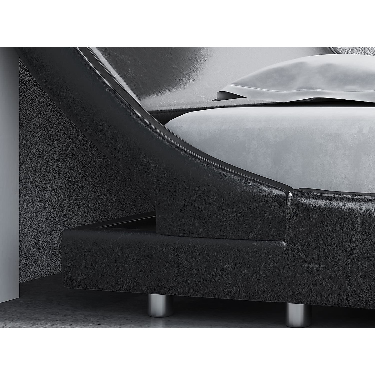 SHA CERLIN Modern Low Profile Platform Bed Frame Queen Size, Stylish Faux Leather Upholstered Sleigh Bed with Adjustable Headboard, No Box Spring Needed, Glossy Black