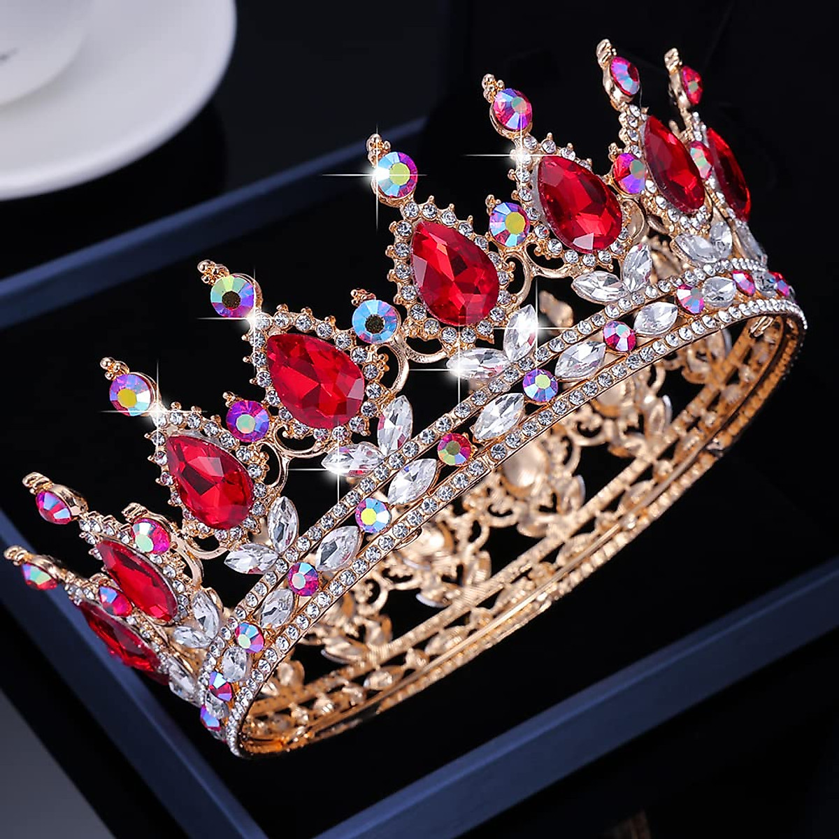 Kamirola Vintage Royal Queen Teardrop Rhinestone Diadem Tiaras Crown Pageant Prom Diadem Bride Wedding Hair Jewelry Accessories (AB stone-gold)