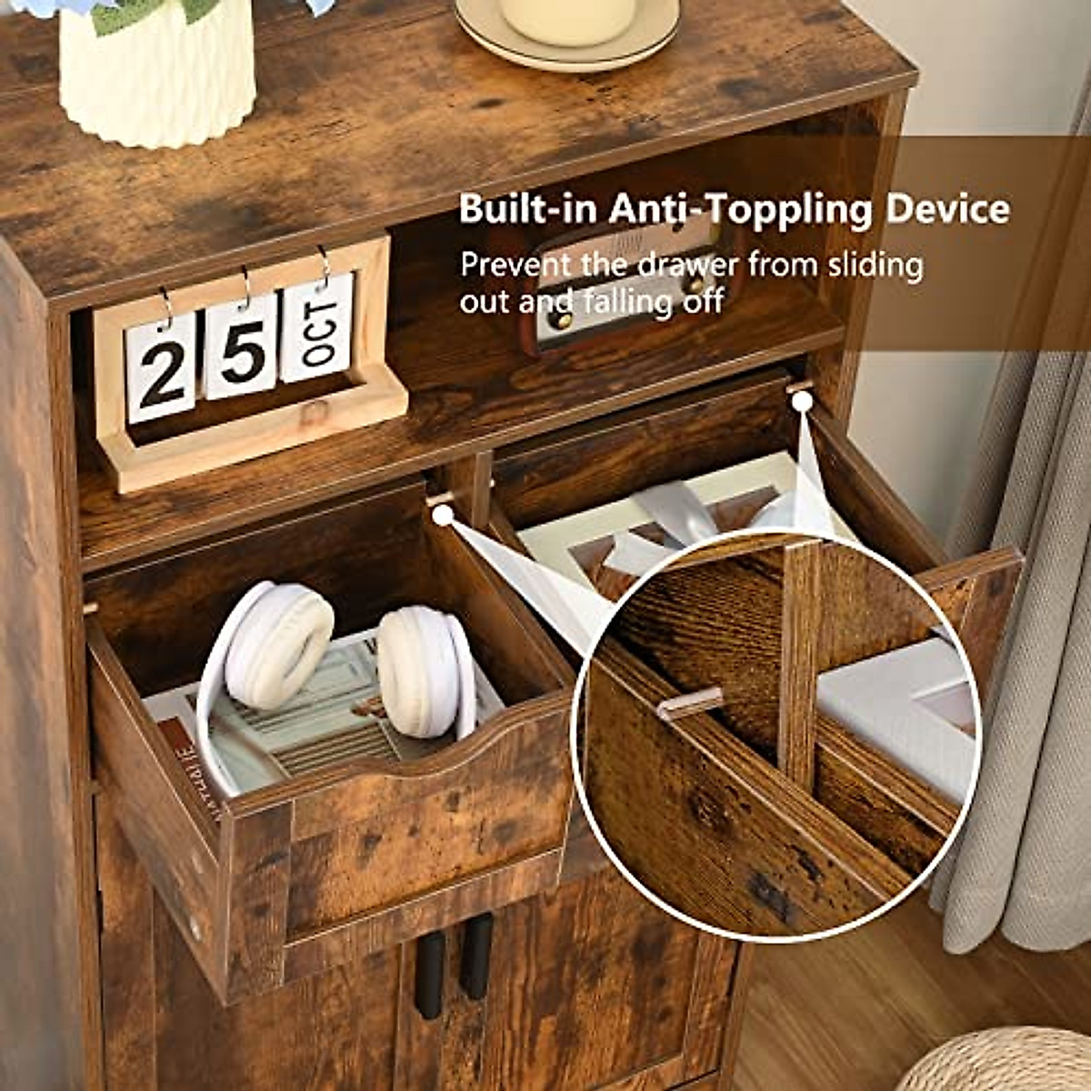 Iwell Storage Cabinet with 2 Adjustable Drawers & 2 Shelf, Rustic Storage Cabinet with Door, Cupboard for Living Room, Home Office, Kitchen, Rustic Brown