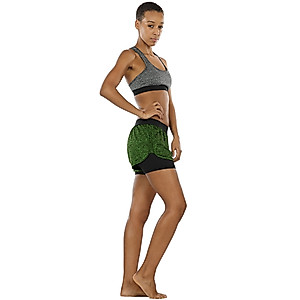 icyzone Running Yoga Shorts for Women - Activewear Workout Exercise Athletic Jogging Shorts 2-in-1 (Black Heather/Green Heather, L)