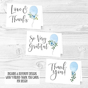 24 Blue Balloon Baby Shower Thank You Cards With Envelopes, Kids Thank-You Note, 4x6 Gratitude Card Gift For Guest Pack For Party, Birthday, For Girl Children, Cute Watercolor Garden Event Stationery