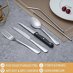 56 Pcs Silverware Set with Steak Knives and Metal Straw for 8,Stainless Steel Flatware Set, Mirror Polished Cutlery Utensil Set, Home Kitchen Eating Tableware Set,Fork Knife Spoon Set,Dishwasher Safe