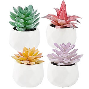 Set of 4 Mini Artificial Succulent Plants with White Geometric Ceramic Planters Faux Succulent for Bedroom Bathroom Bookshelf Office,Wedding Home Garden Decor（red/Green/Orange Yellow/Purple）