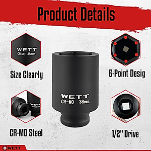 WETT 1/2" Drive Deep Impact Socket Set, 9-Piece Spindle Axle Nut Metric 6 Point Sockets Set, CR-MO, 29mm-38mm