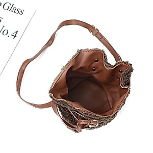 Aisi Women Girls Faux Fur Shoulder Bag Barrel Shape Drawstring Satchel Purse Faux Lamb Wool Crossbody Bag