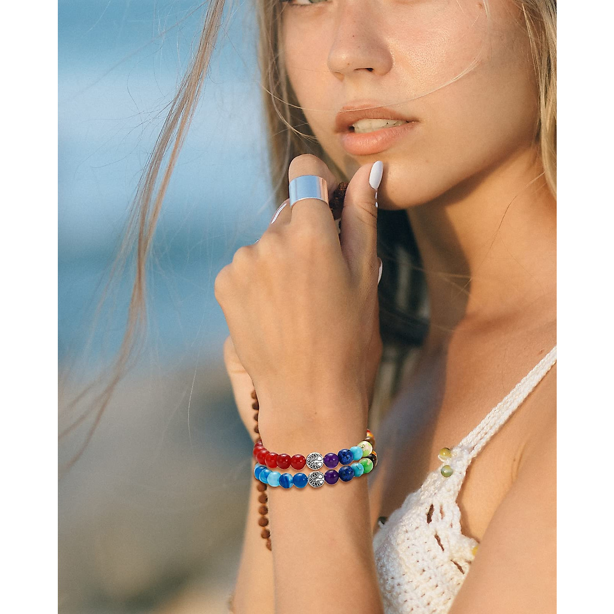 BOMAIL 10Pcs Tree of Life Healing Crystals Bracelet - 7 Chakra Semi Precious Stones Beaded Bracelets Yoga Stress Relief Reiki Stretch Bracelets for Women Men