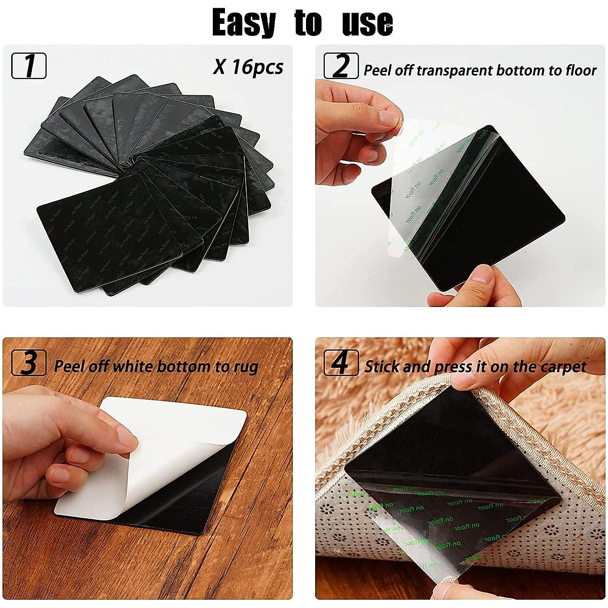 8 PCS Grippers of Rug Pad, Non-Slip Carpet Pad for Hardwood Floors and Tile, Reusable and Washable Area Carpet Tape, Double-Sided Adhesive Pads, Keeps Corners Flat