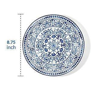 Sonemone 8.75 Inch Marrakesh Tile Floral Salad Plates, Blue Ceramic Plates Set of 4, for Salad, Pasta, Pancakes, Steak, Microwave & Dishwasher Safe
