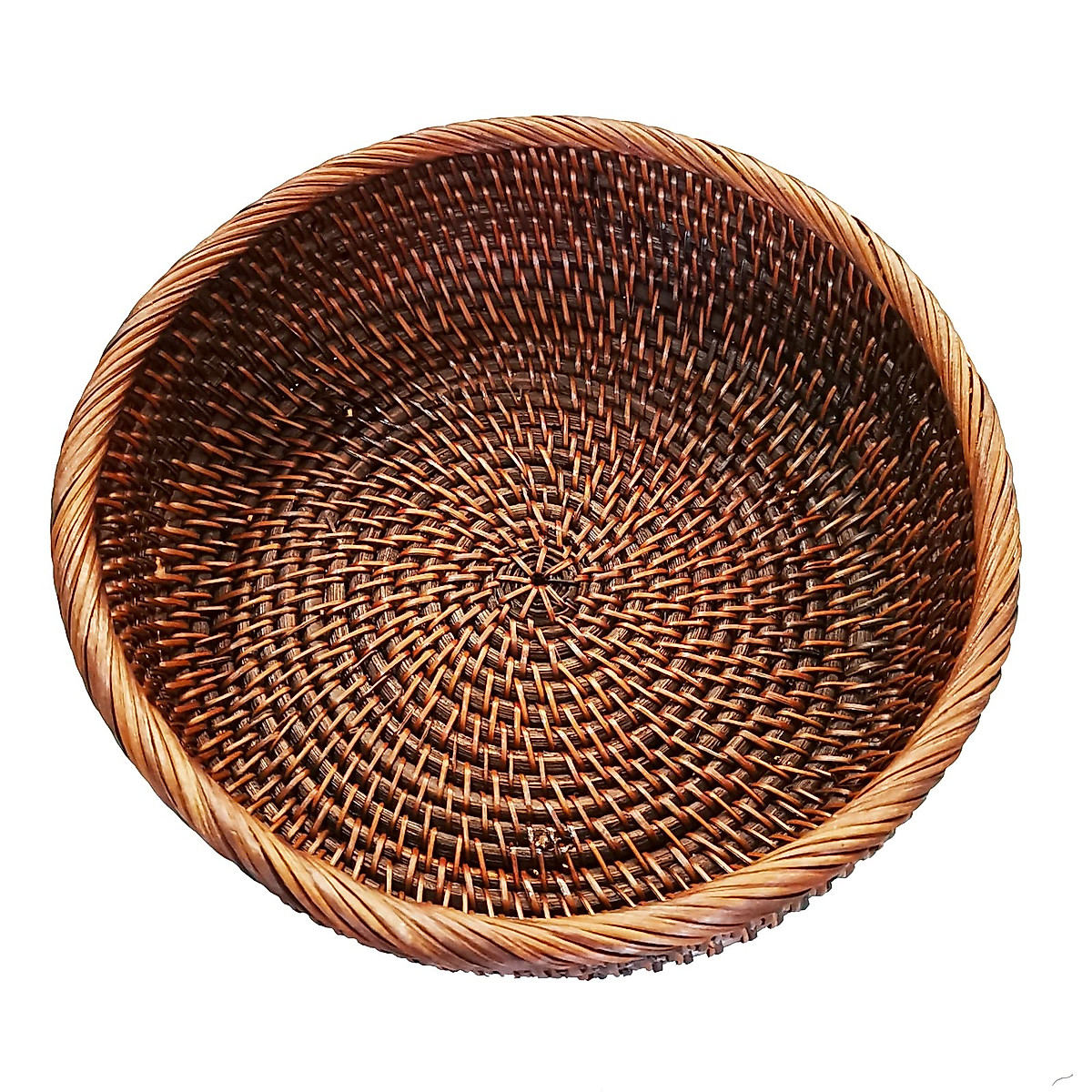 AMOLOLO 9 Inch Round Rattan Bowl Basket, Handmade Wicker Basket Tray with Scalloped Edge and 3”Deep Wall, Decorative Woven Dark Brown Bread Basket Fruit Bowl Key Holder Table Centerpiece, M