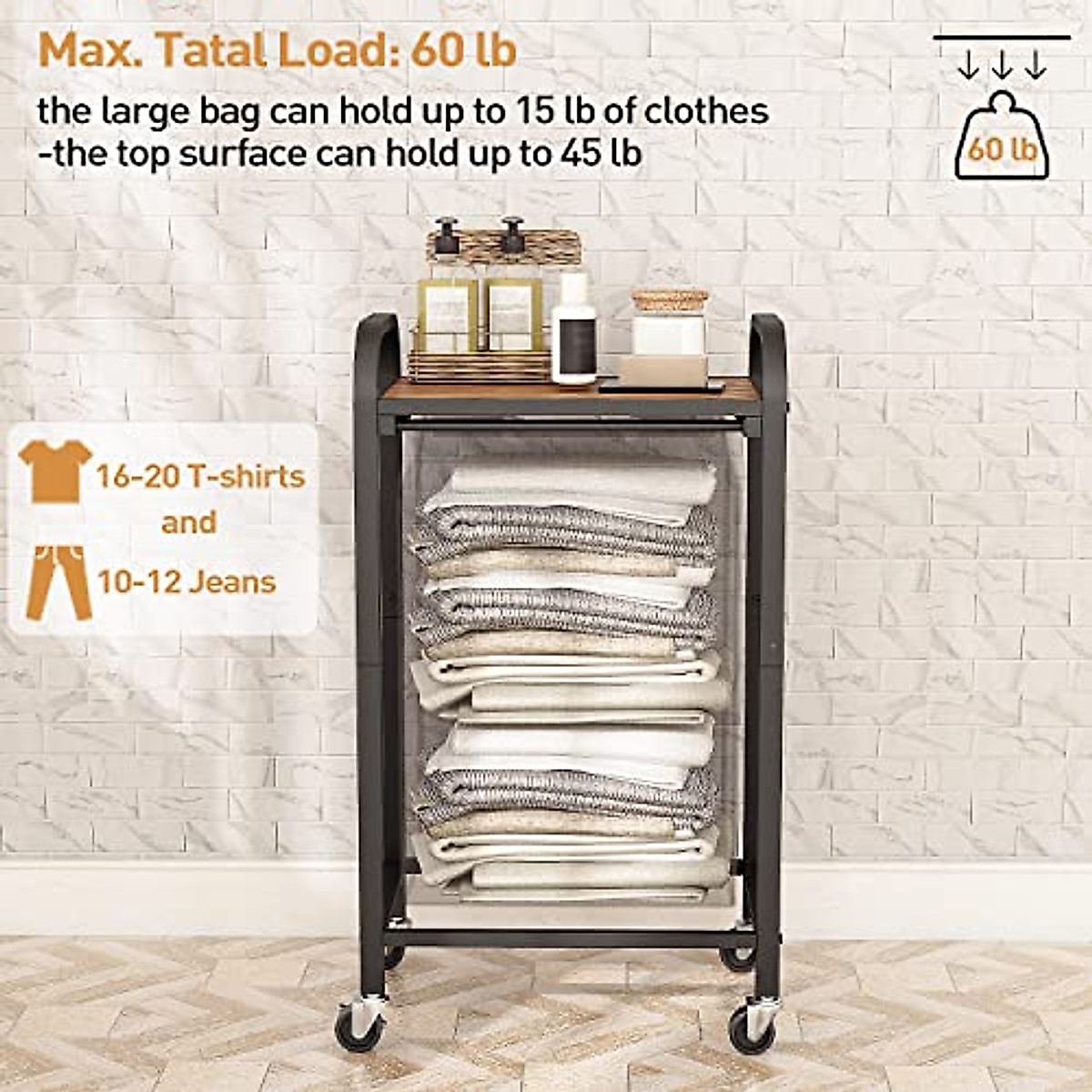 ALOFA Laundry Basket, Laundry Hamper with Shelf, 48L Laundry Room Organization, Pull Out and Removable Laundry Bag, Metal Frame Made Laundry Sorter Wheels and Adjustable Feets Black