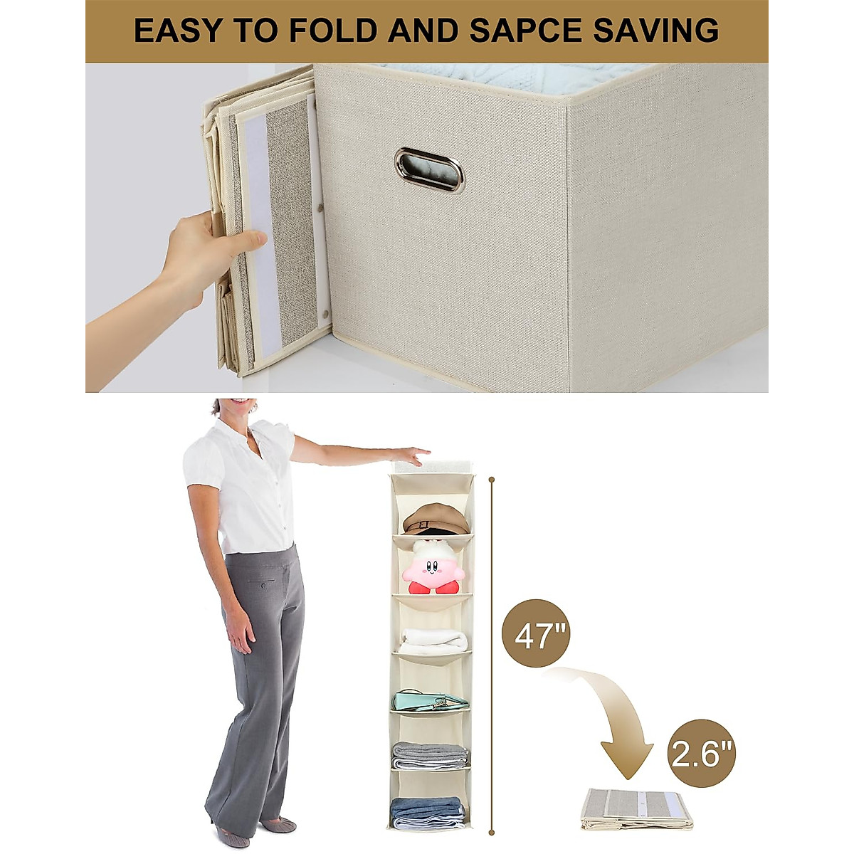 NEATJELAI Hanging Closet Organizer 6 Tier Hanging Shelf for Wardrobe Clothes Organization and Storage,Large Shoe Organizer Foldable Design, Beige