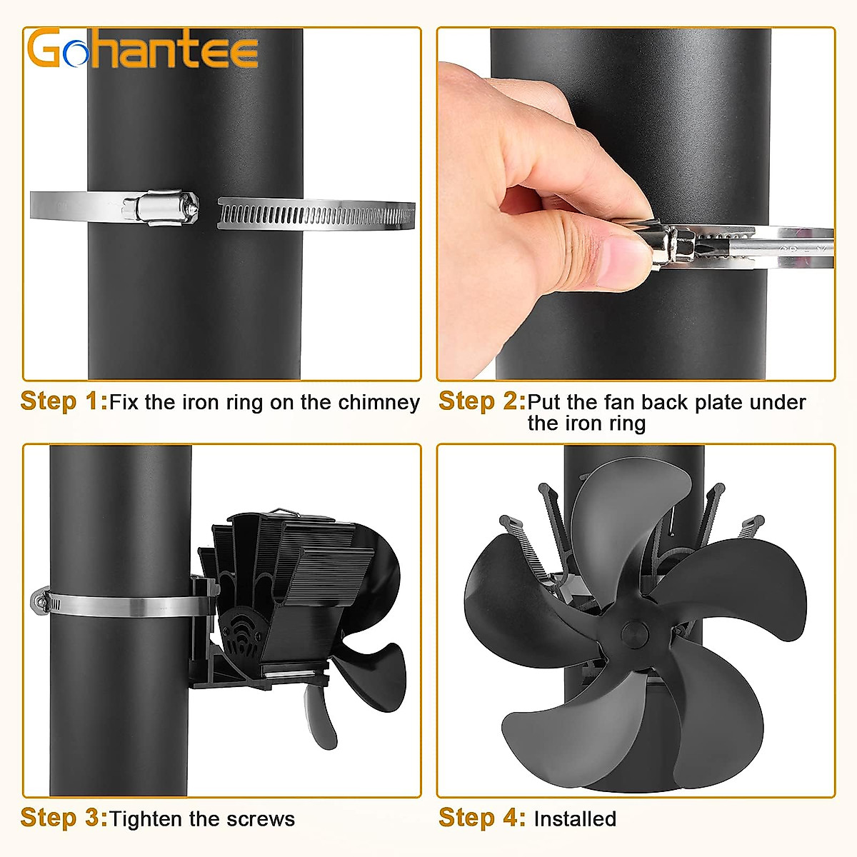 gohantee Heat Powered Stove Fan Hanging on Chimney Fireplace Fan 5 Blades Silent Operation for Wood Log Burner Fireplace Eco Friendly and Efficient Heat Distribution with Stove Thermometer