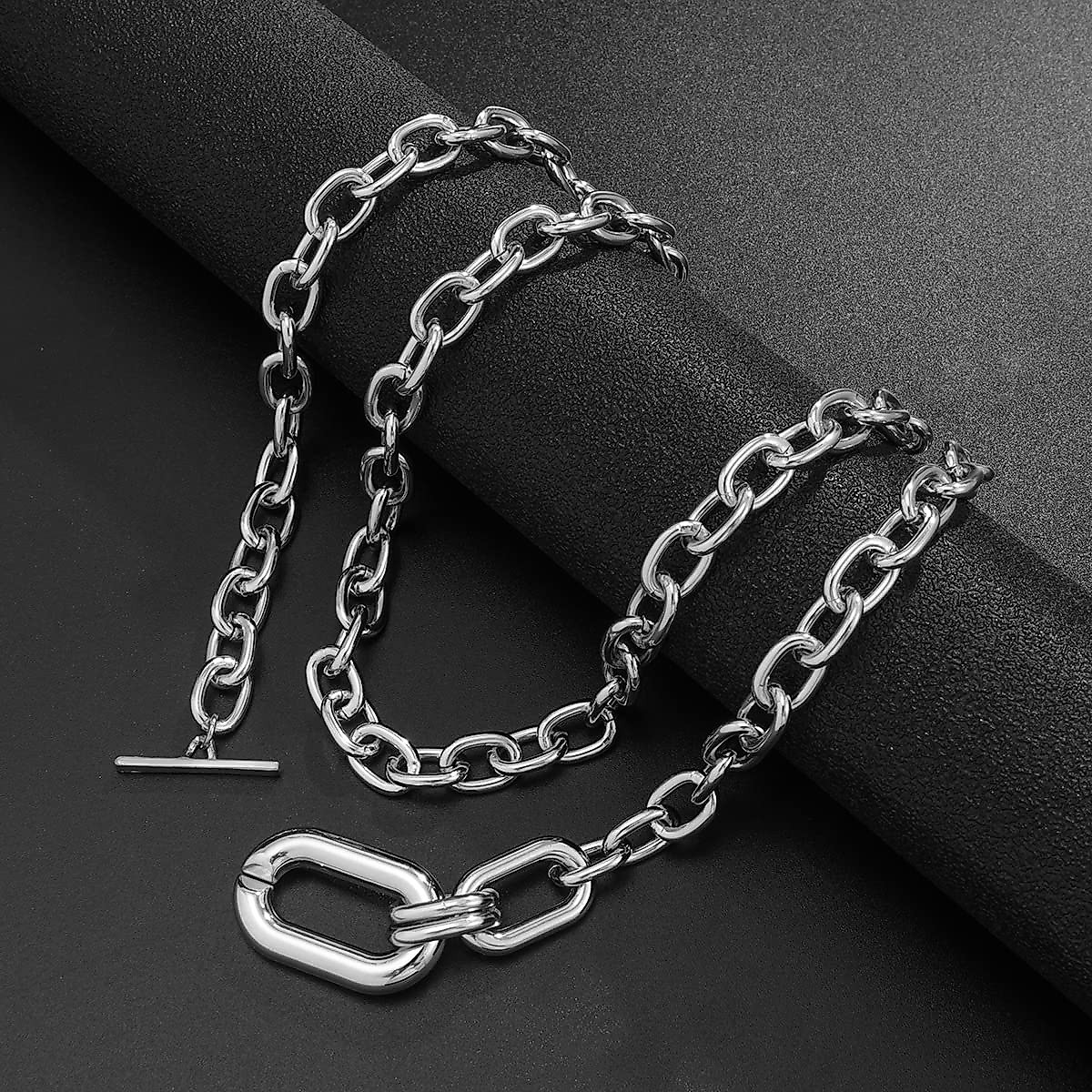 Rumtock 2pcs Silver Layered Chunky Chain Choker Necklace with Toggle Clasp Rectangle Oval Pendant Punk Jewelry for Women