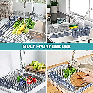 Extra Large Expandable Roll Up Dish Drying Rack Up to 25.1''with 2 Storage Baskets,Over The Sink Kitchen Rolling up Dishes Drainer, Foldable,Rollable for Fruits
