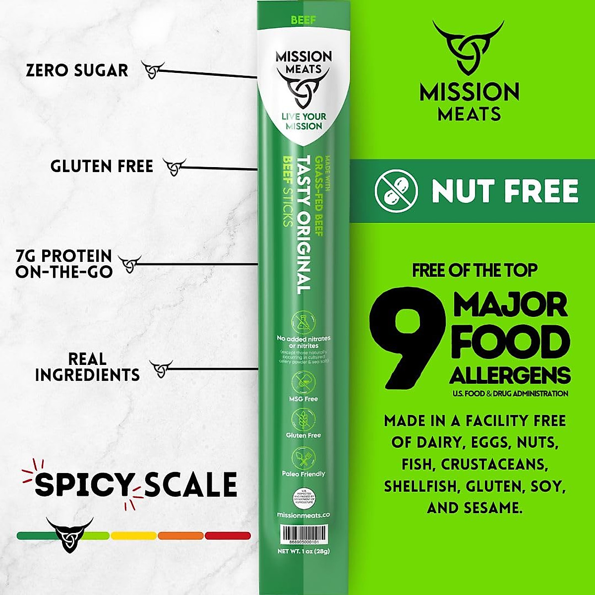 Mission Meats Grass Fed Beef Sticks – Sugar Free Beef Sticks, Gluten Free, Whole 30, Paleo, Keto Meat Sticks, Sugar Free Jerky Beef Sticks Individually Wrapped, 1oz (Original, Pack of 12)