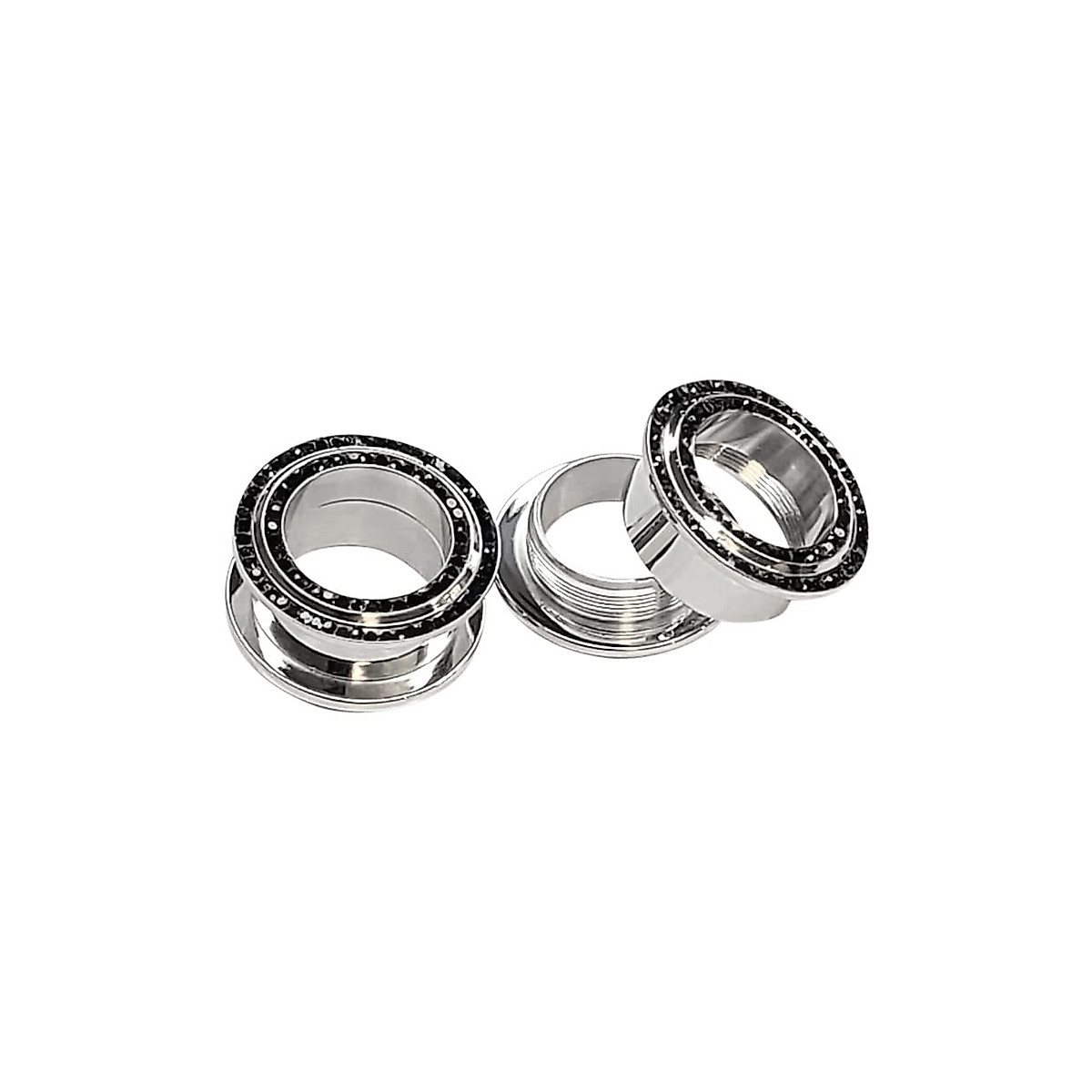 Luxe Modz Screw Fit Ear Plugs Gauges Double Row Black CZ Gems Surgical Steel Ear Tunnels Screw Ear Gauges Tunnels Expander Stretcher Earrings Earlobe Piercings Jewelry 12mm-1/2