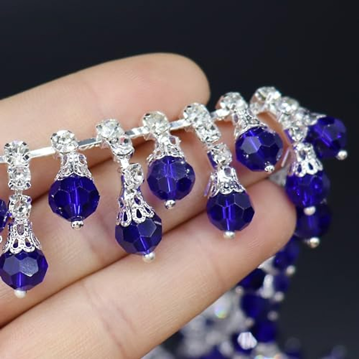 Silver Crystal Glass Beads Rhinestone Tassel Drill Chain 1 Yard Handmade Sewing Clothes Neckline Shoes Bags Jewelry Wedding Dress DIY Clothing Accessories Accessories (Dark Blue)