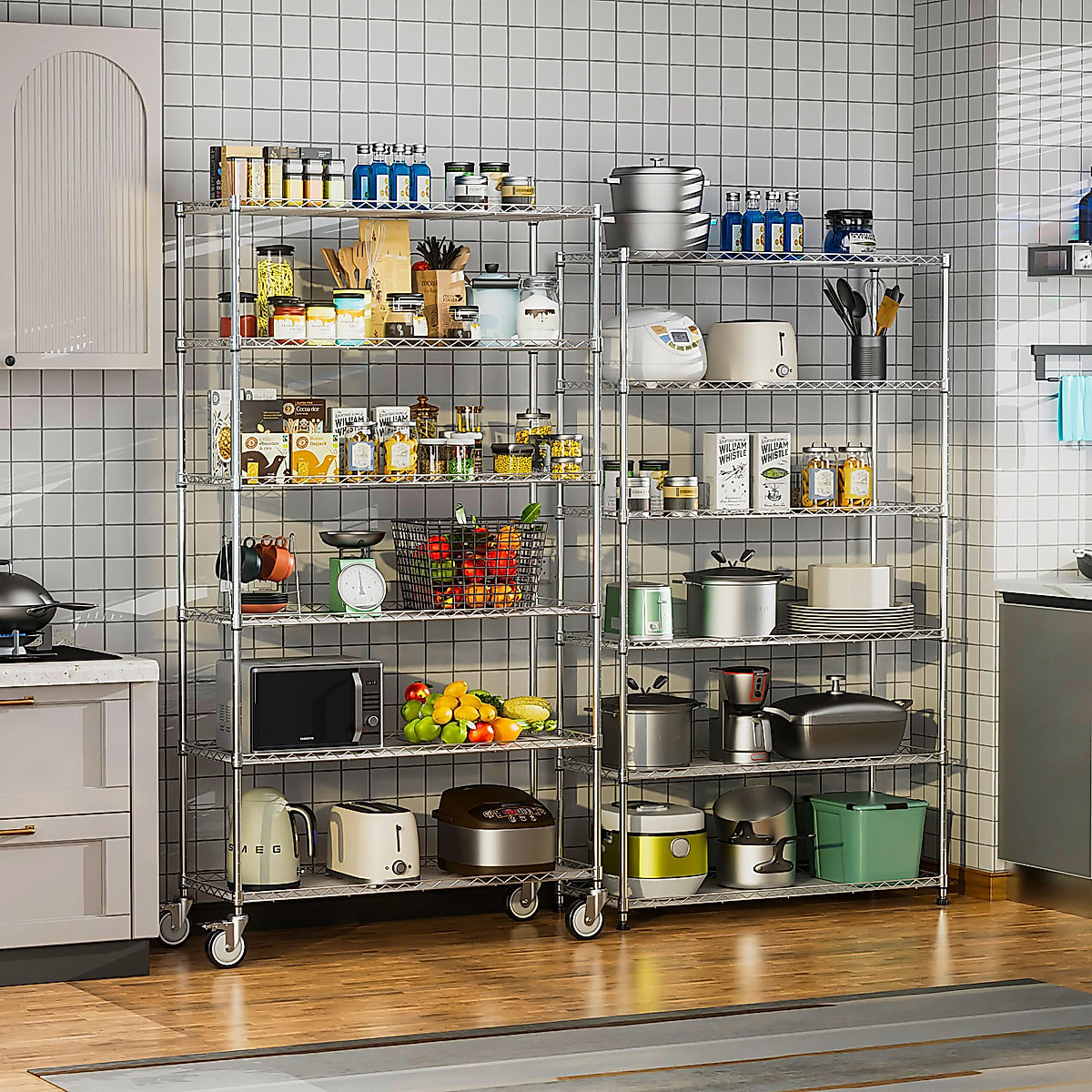 6 Tier Kitchen Shelves Organizer, 2100LBS Metal Wire Shelving Rack w/Innovative Side Mesh, Heavy Duty Adjustable Shelving Units and Storage for Home Office Garage, 87.5" H x 48" W x 18" D - Chrome