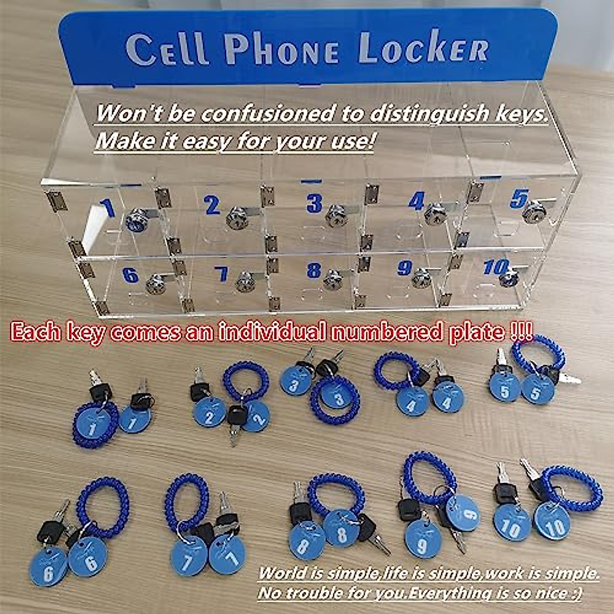 Zinging life No Confused for Each Key Clear Cell Phone Locker Box with Door Locks and Keys Wall-Mounted Cell Phones Storage Cabinet Pocket Storage Locker Box for Office Classroom