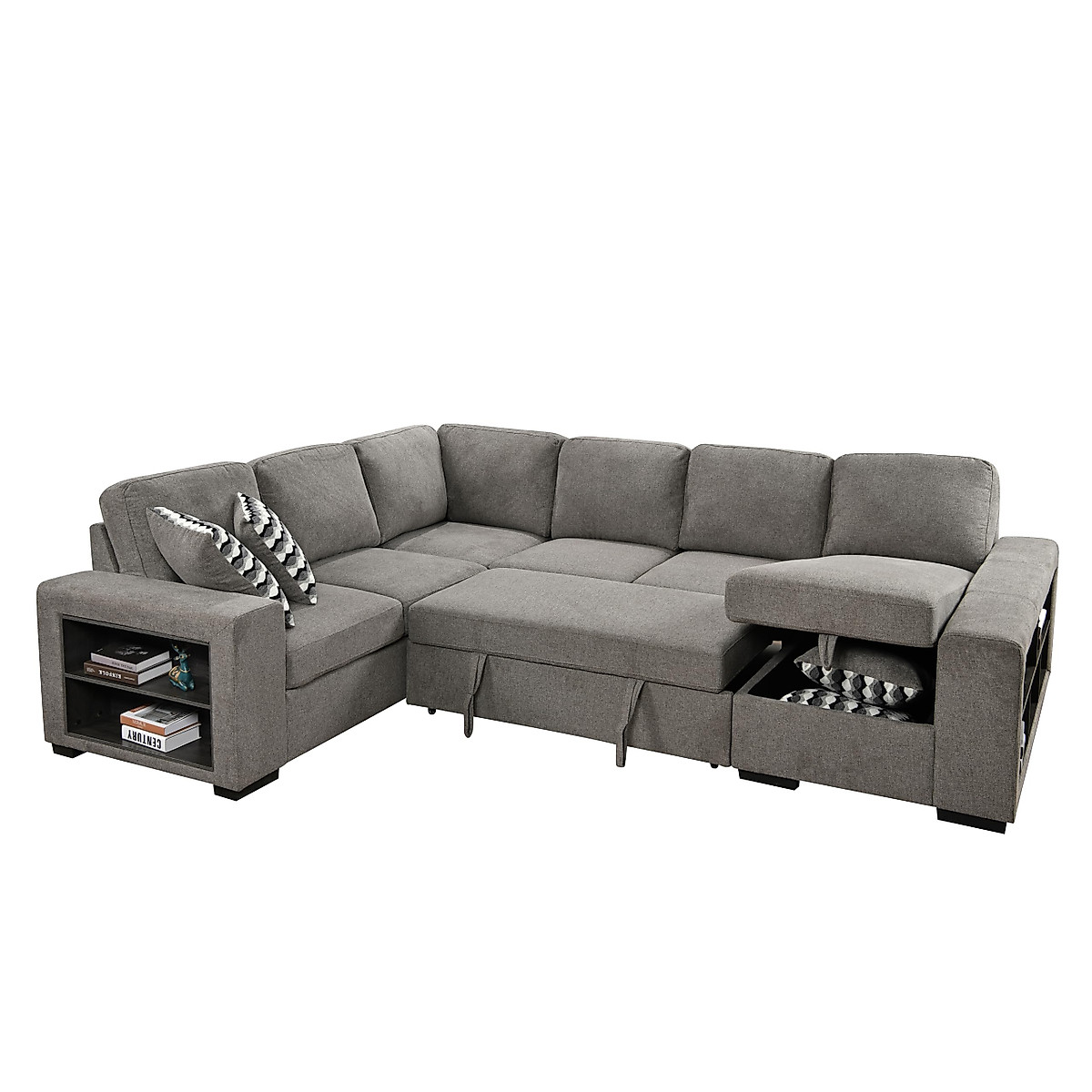 RENDGO 125'' U Shaped Oversized Sectional Sofa Couch with Cabinet,7 Seat Sectional Sleeper Sofa Bed with Storage Chaise, Pull Out Bed for Living Room,Grey