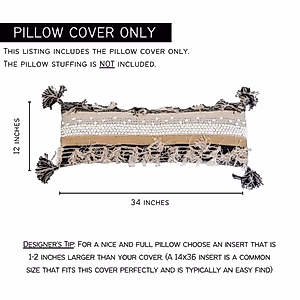 CASA BOHO Cover Decorative lumbar , throw pillow for Bed Long Pillow for Couch Bolster Pillow Boho Room Decor Pom Pom , 12x34 Black Tan