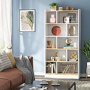 Tribesigns 72 Inch Tall White Bookcase, Modern Cube Bookshelf 6 Tier Bookcases, Large Open Display Shelf Storage Organizer for Living Room, Home Office, Library, Bedroom, White and Brown