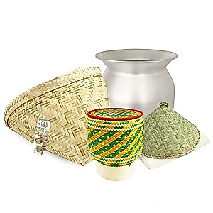 PANWA Combo Sticky Rice Cooking Set Aluminum Cook Pot Standard Diameter (22 cm) with Sticky Rice Cooking Basket and 24’’ Cheesecloth Filter Wicker Lid and Kratip Container Multicolor 5.5 In