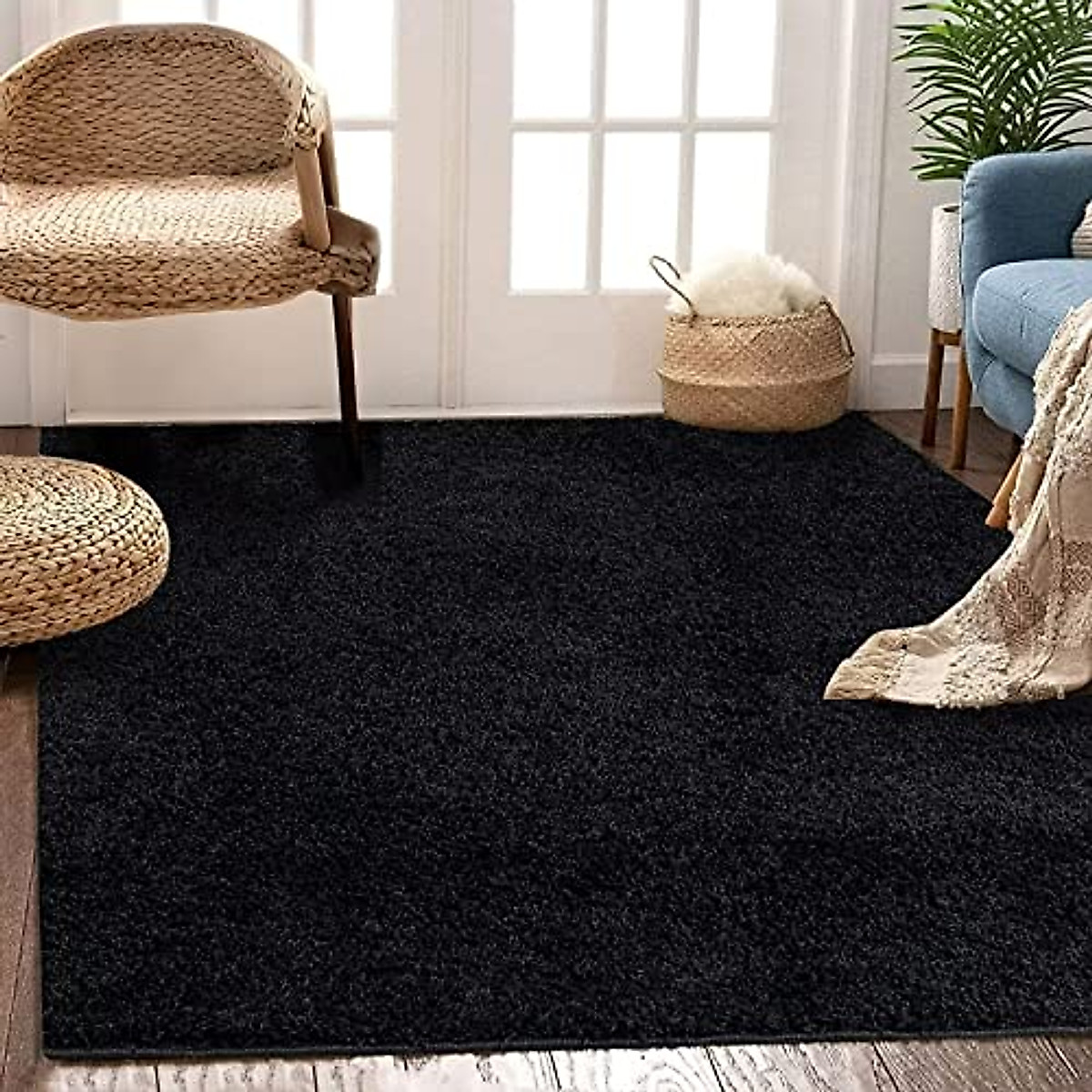 JOLENE.K Black Shag Rugs for Bedroom, 8x10 Ft, Luxurious Soft Thick Fluffy Kitchen Mat, Non Slip Floor Carpet for Living Room Dining Room, Indoor Modern Home Decor Shag Rug Nursery Accent Rug Carpets