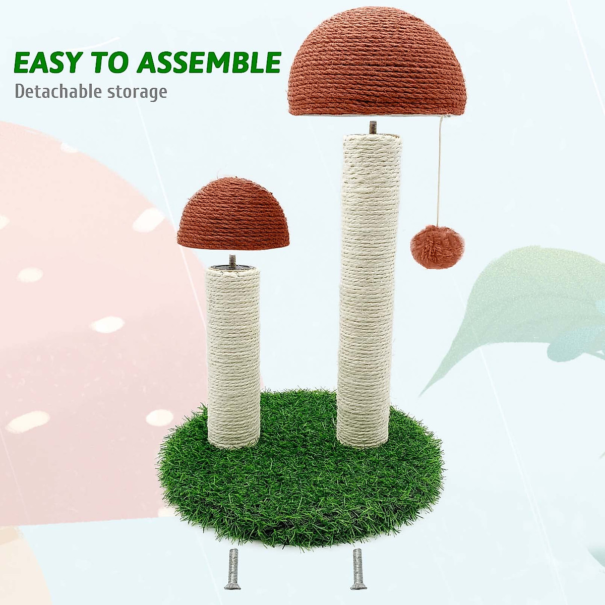 BNOSDM Mushroom Cat Scratching Post, Cat Scratcher with 2 Sisal Poles 12 Pcs Cat Toys and Hanging Ball, Pet Interactive Toy Scratch Post for Indoor Kitten Kitty Small Cats (Coffee)