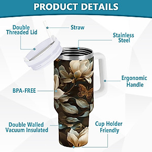 Msyxl 30 oz Insulated Stainless Steel Tumbler with Handle and Straw Lid - Leak-proof Coffee Mug for Men Women, Travel Mug Fits Cup Holder (Magnolia Flowers)