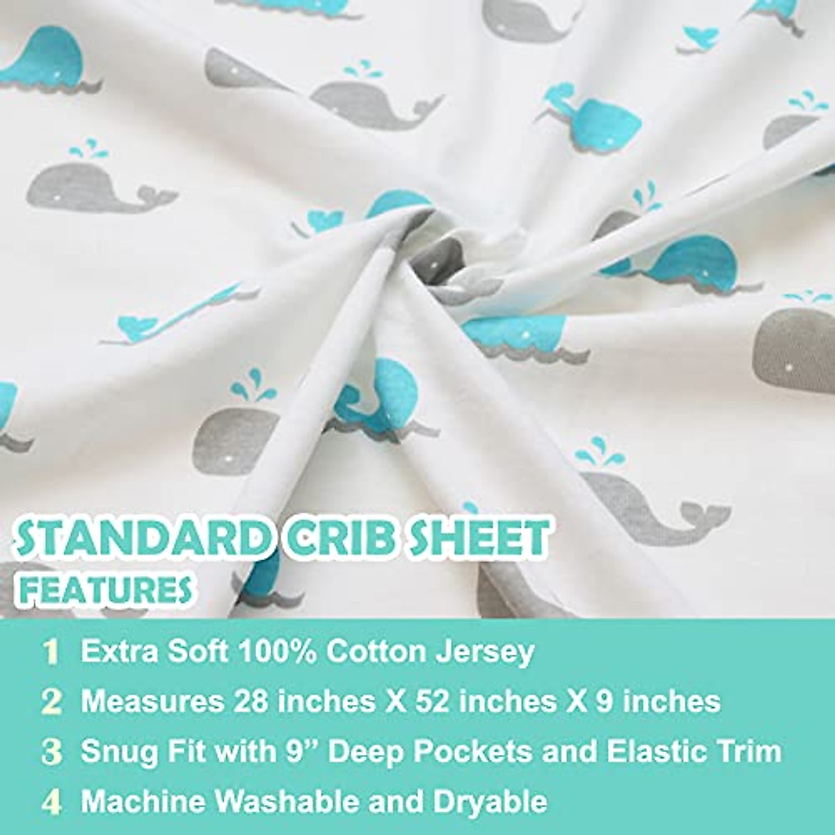 American Baby Company Fitted Crib Sheet 28" x 52", Soft Breathable Neutral 100% Cotton Jersey Sheet, Aqua Whales, for Boys and Girls, Fits Crib and Toddler Bed mattresses