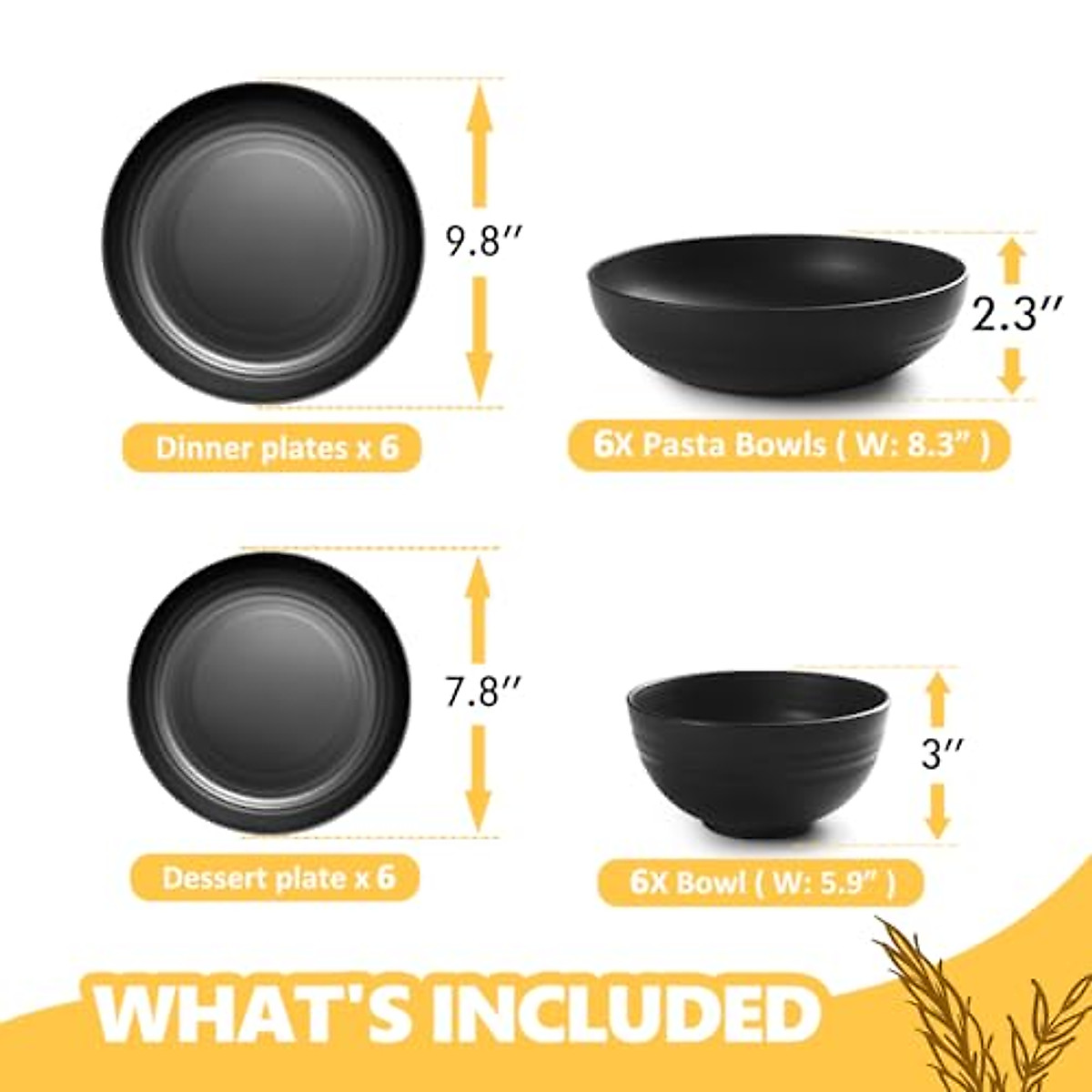 Teivio 24-Piece Kitchen Plastic Wheat Straw Dinnerware Set, Service for 6, Dinner Plates, Dessert Plate, Cereal Bowls, Pasta Bowls, Unbreakable Outdoor Camping Dishes, Black
