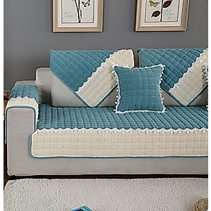 vctops Soft Corduroy Sofa Couch Cover, Plaid Sectional Couch Covers, Non-Slip Sofa Slipcover for Dogs Cats Kids(Blue,36"x36")